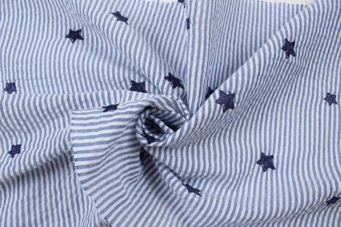Seersucker Stripes Fabric with Stars Embroidery | Buy Fabrics Online ...